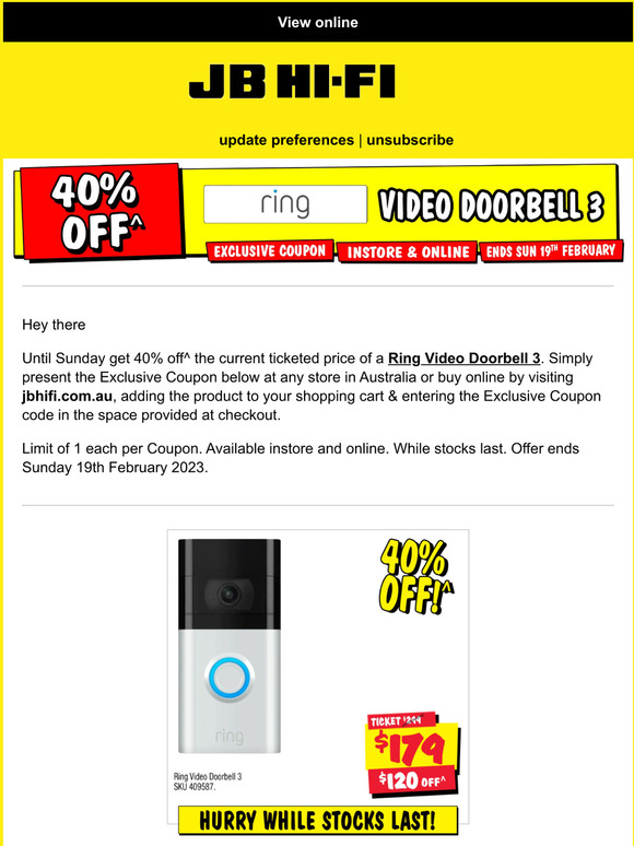 JB Hi-Fi: Exclusive Coupon: 40% Off Ring Video Doorbell 3 | Milled