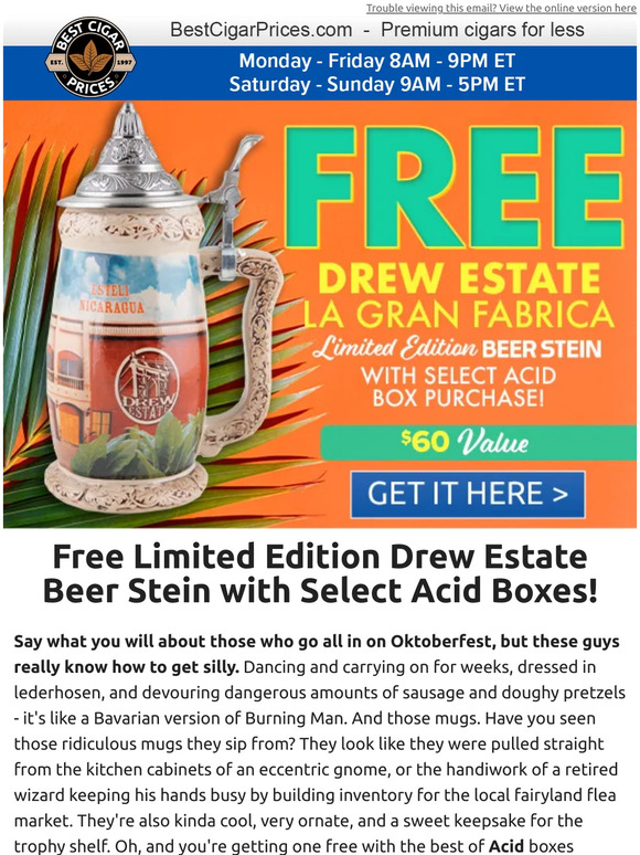 Best Cigar Prices: 🍻 Free Limited Edition Drew Estate Beer Stein with ...