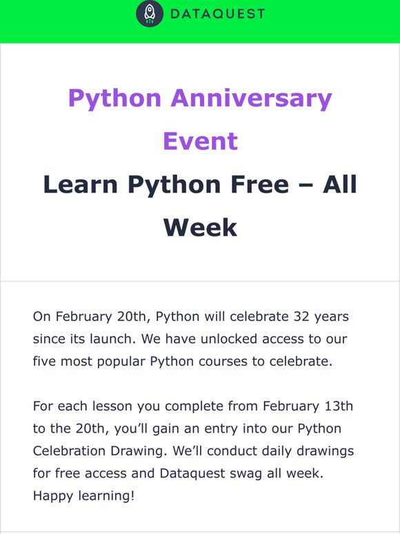 Dataquest: Learn Free – Python Anniversary Celebration | Milled