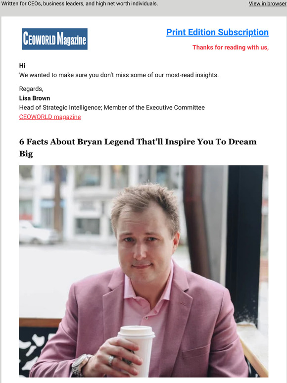 CEOWORLD Magazine: 6 Facts About Bryan Legend That’ll Inspire You To Dream Big | Milled