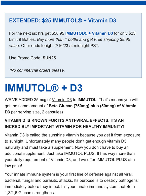 Immunocorp: 🌞 $25 IMMUTOL® + Vitamin D3—EXTENDED | Milled