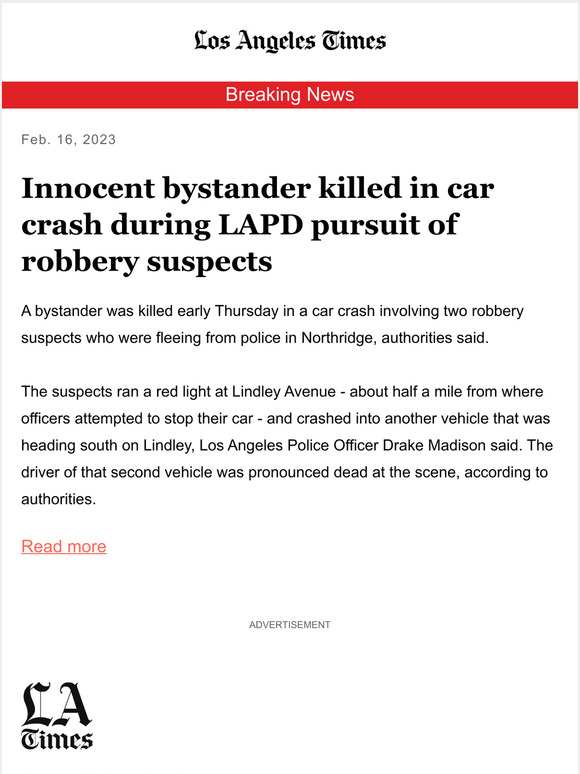 Los Angeles Times Breaking News Bystander Killed In Car Crash During