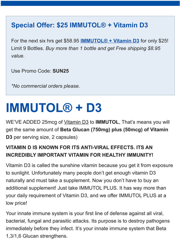 Immunocorp: 🌞 $25 IMMUTOL® + Vitamin D3—for the next 6 Hours! | Milled