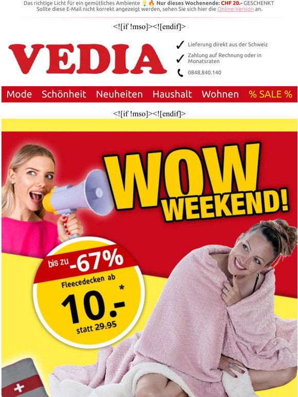 Vedia: WOW WEEKEND Fleecedecken ab CHF 10.- | Milled
