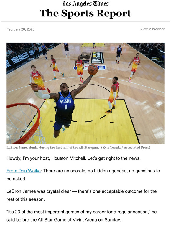 Los Angeles Times: The Sports Report: LeBron James faces '23 of the ...