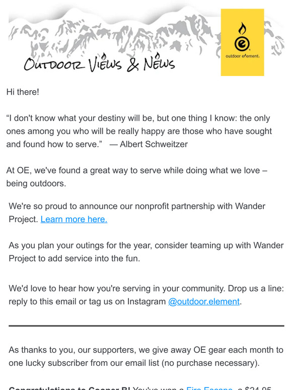 Outdoor Element, LLC: Check out our partner, Wander Project! | Milled