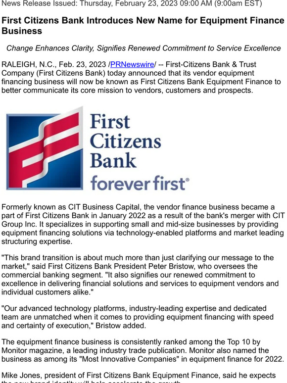 CIT Bank: First Citizens Bank Introduces New Name for Equipment Finance ...
