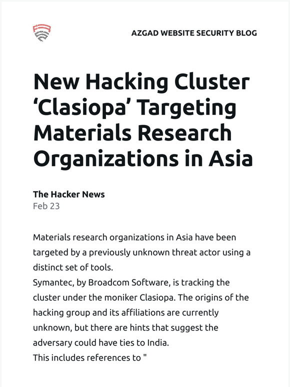AZGAD Security: [New post] New Hacking Cluster ‘Clasiopa’ Targeting ...