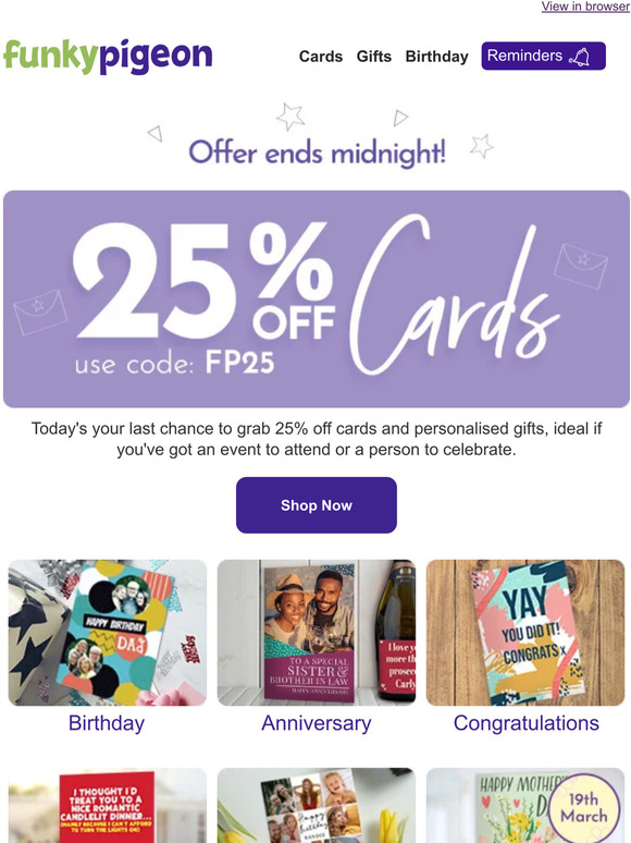 Funky Pigeon: Final call for 25% off your faves! 🔔 | Milled