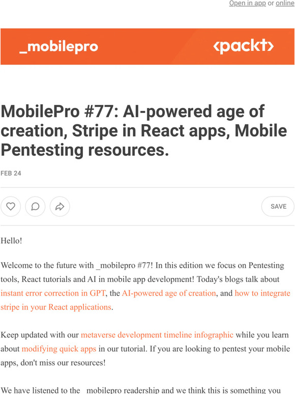 Packt: MobilePro #77: AI-powered age of creation, Stripe in React apps ...