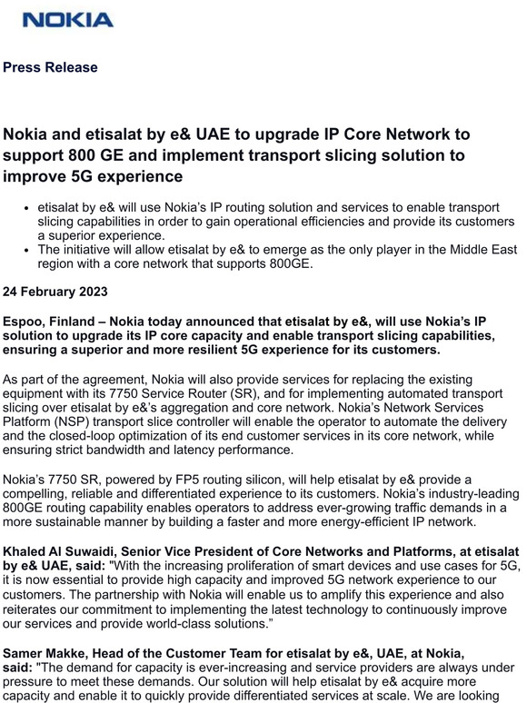 Withings: Nokia and etisalat by e& UAE to upgrade IP Core Network to support 800 GE and ...