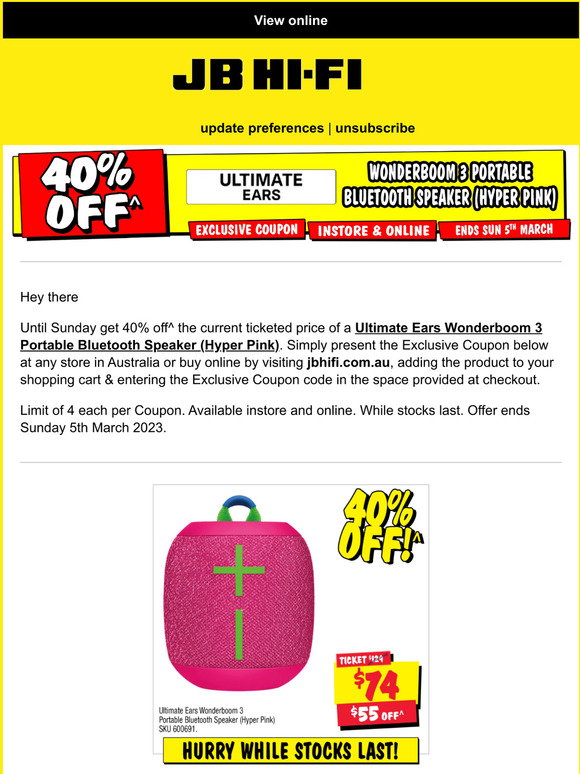 jbhifi.com.au: Exclusive Coupon: 40% off Ultimate Ears Wonderboom 3 ...