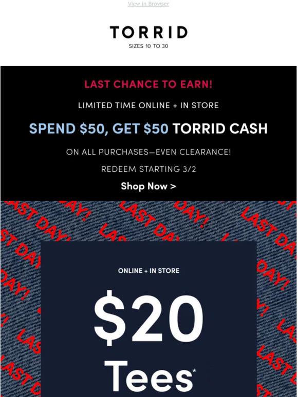 Torrid: Today is your LAST DAY to get $49 jeans + $20 tees! 👖 | Milled