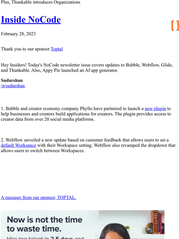 Inside: Bubble and Phyllo launch plugin / Webflow allows setting default workspace / Glide ...