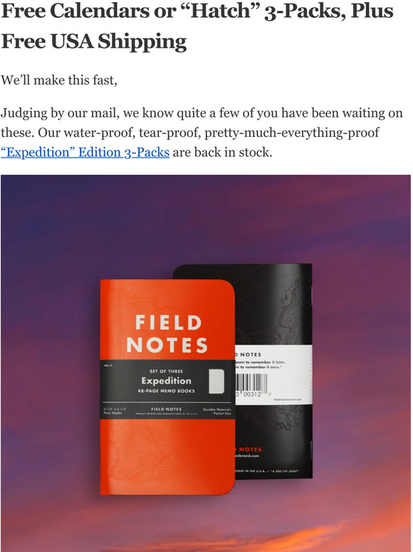 Field Notes: Free Calendars or “Hatch” 3-Packs, Plus Free USA Shipping ...