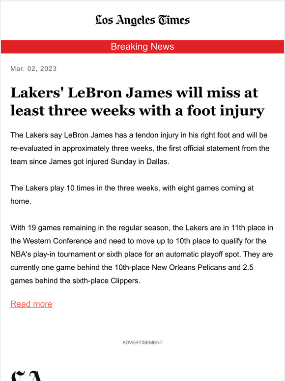 Los Angeles Times: Breaking News: Lakers' LeBron James will miss at ...