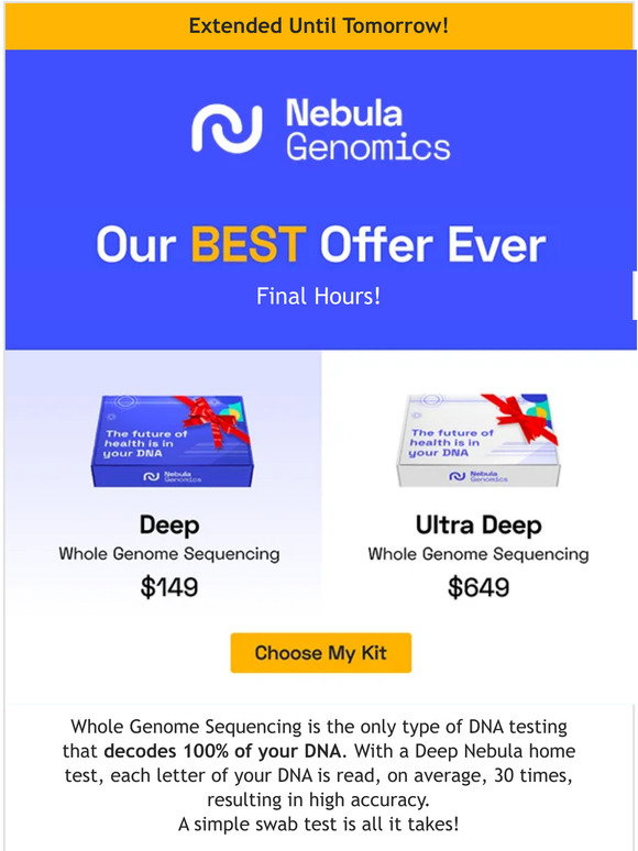 Nebula Genomics: Last Chance! Whole Genome Sequencing for $149 | Milled