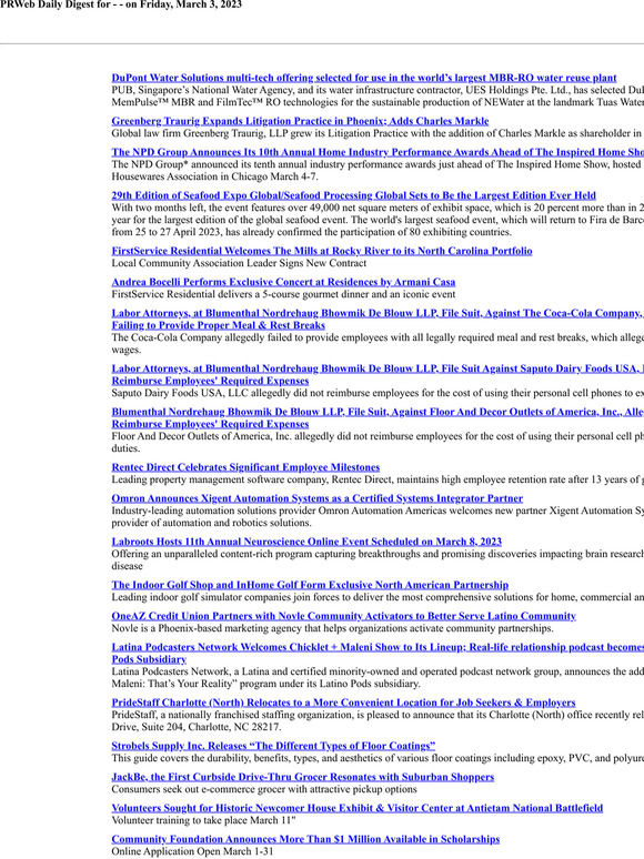 PRWeb: PRWeb Daily Digest for — — on Friday, March 3, 2023 | Milled