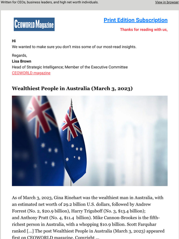CEOWORLD Magazine: Wealthiest People in Australia (March 3, 2023) | Milled