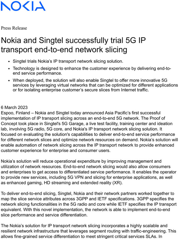 Withings: Nokia and Singtel successfully trial 5G IP transport end-to-end network slicing | Milled