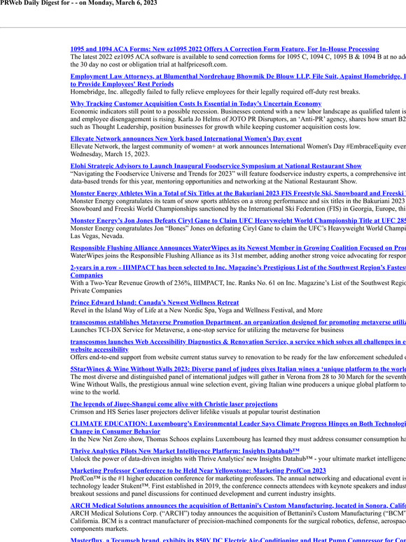 PRWeb: PRWeb Daily Digest for — — on Monday, March 6, 2023 | Milled