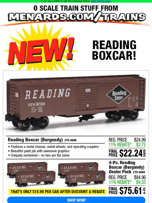 Menards: New! O Gauge Reading Boxcar! | Milled