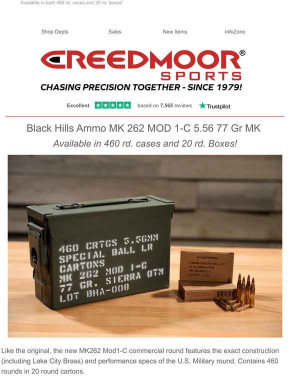 Creedmoor Sports: IN STOCK! Black Hills MK 262 MOD 1-C 5.56 77 GR MK ...