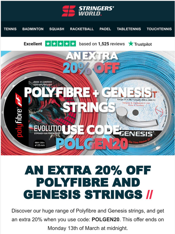 Stringers' World: An extra 20% off Polyfibre and Genesis strings | Milled