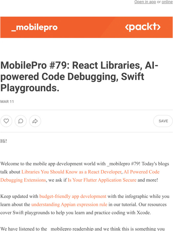 Packt: MobilePro #79: React Libraries, AI-powered Code Debugging, Swift Playgrounds. | Milled