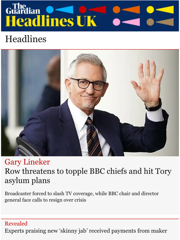 The Guardian: The Guardian Headlines: Lineker row threatens to topple ...