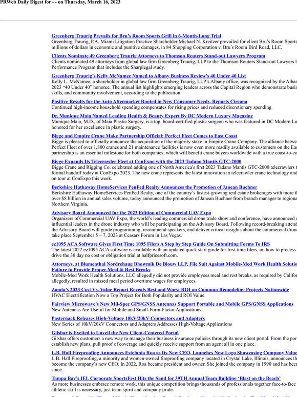 PRWeb: PRWeb Daily Digest for — — on Thursday, March 16, 2023 | Milled