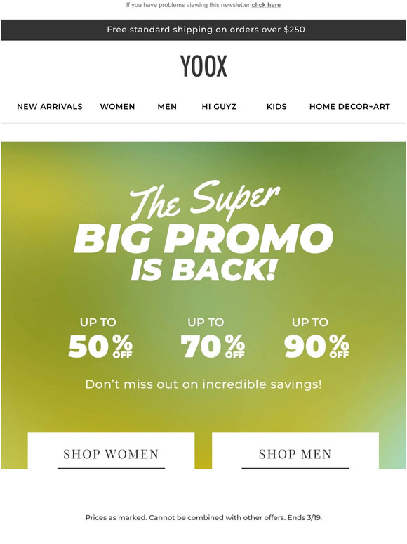 YOOX: The Super Big Promo continues with up to 90% OFF! | Milled