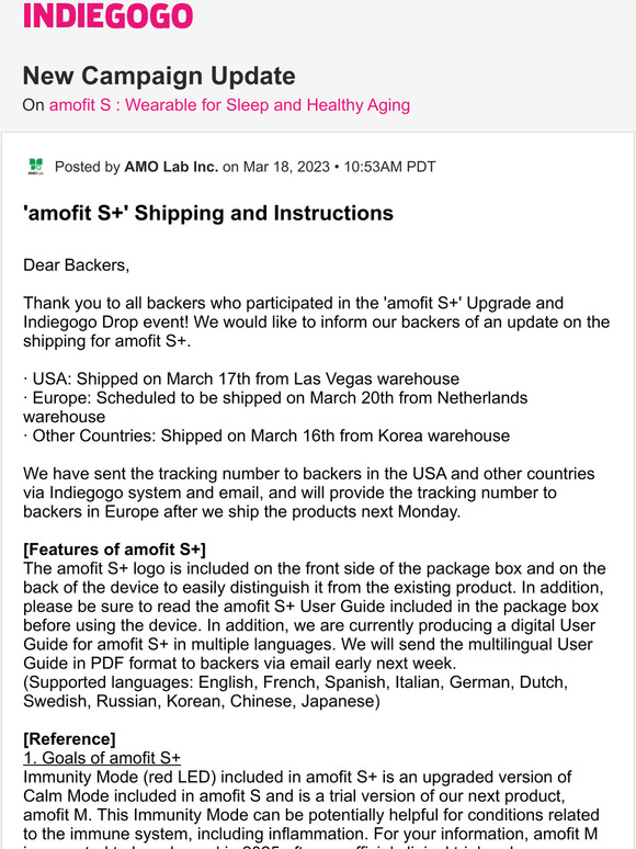 Indiegogo: 📢 Update #48 from amofit S : Wearable for Sleep and Healthy ...