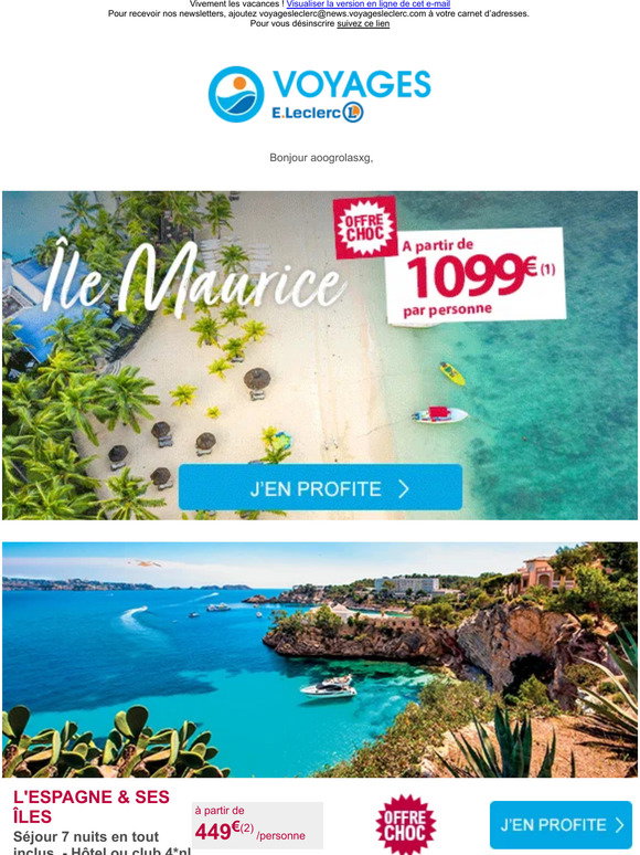 Leclerc Voyages: ☀ Offre Choc Île Maurice, Espagne, France résidences ...