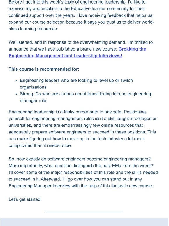 Educative: Grokking the Engineering Manager Interview | Milled