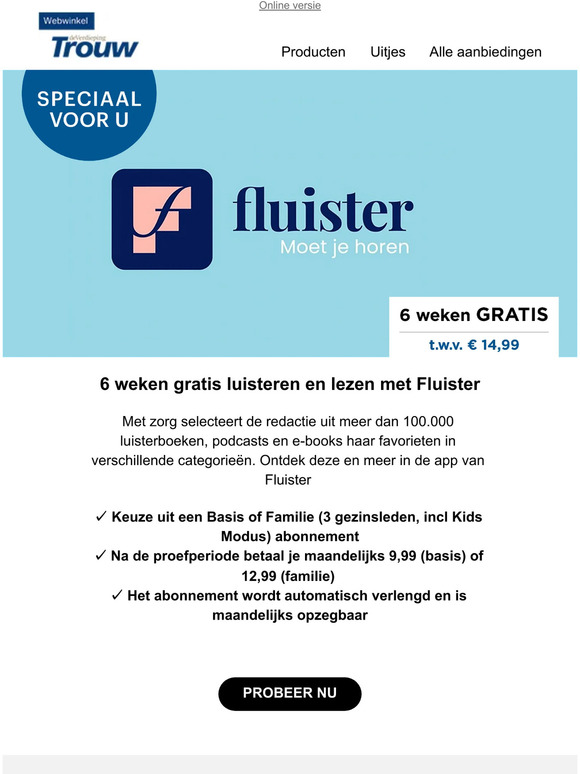 Trouw Webwinkel: Ontdek Fluister nu 6 weken gratis | Milled