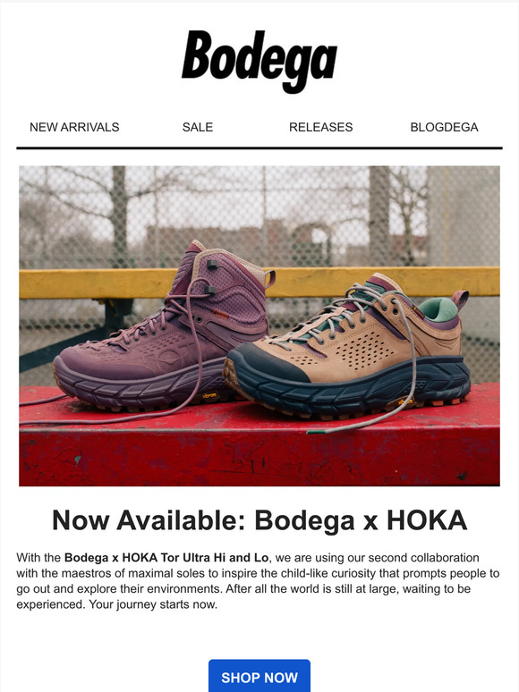 Bodega: Now Available: Bodega x HOKA Tor Ultra Hi & Lo | Milled