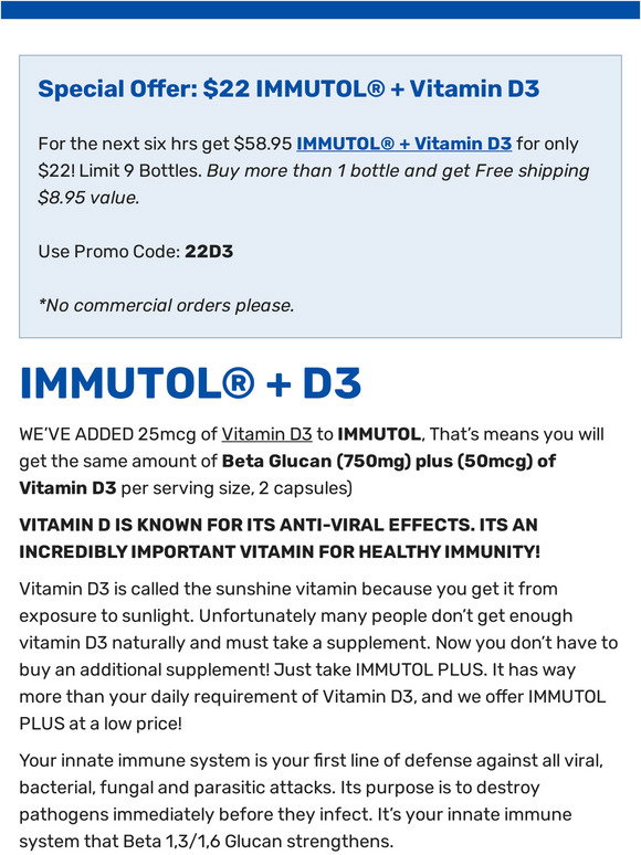 Immunocorp: 🌞 $22 IMMUTOL® + Vitamin D3—for the next 6 Hours! | Milled