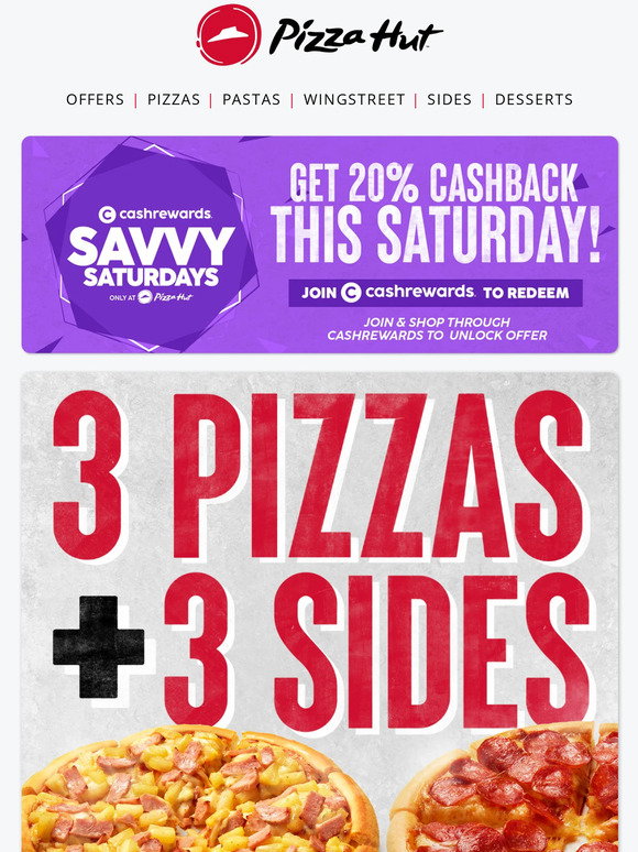 Pizza Hut: Get 20% cashback when you order 3 pizzas + 3 sides TODAY ...