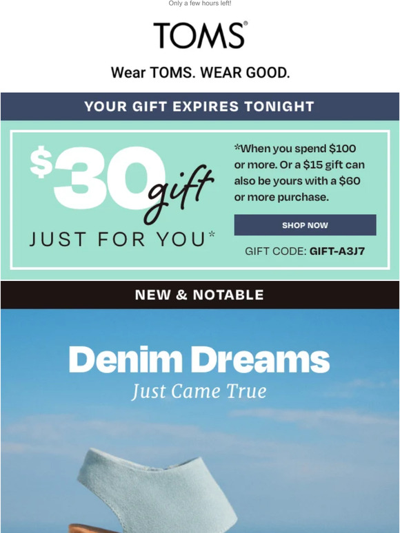 TOMS Surprise Sale: Denim styles are here 🤩 | $30 off expires tonight ...