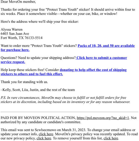 MoveOn: Your free "Protect Trans Youth" sticker is on the way! | Milled