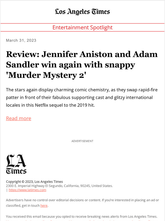 Los Angeles Times: Review: 'Murder Mystery 2' has polish and a snappy ...