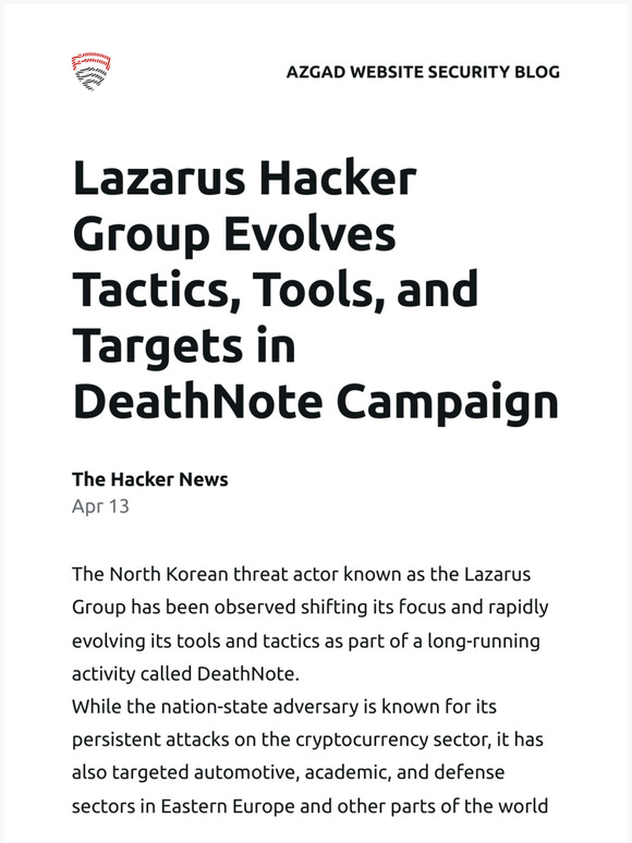 AZGAD Security: [New post] Lazarus Hacker Group Evolves Tactics, Tools ...