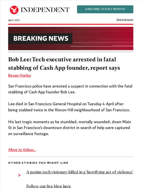 The Independent: Tech executive arrested in fatal stabbing of Cash App ...