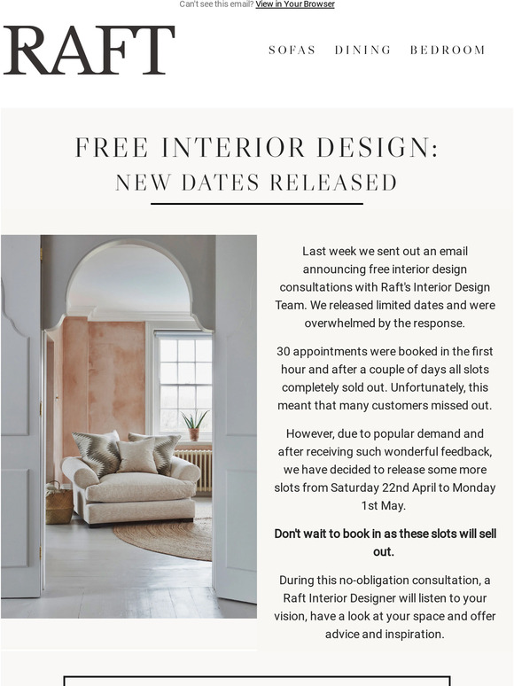 Raft Furniture: New Dates Released: Free Interior Design | Milled
