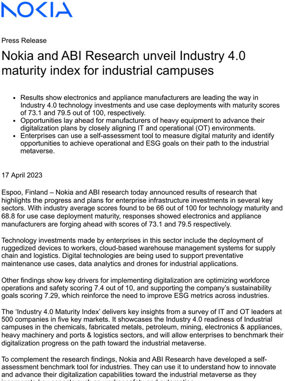 Nokia Health: Nokia and ABI Research unveil Industry 4.0 maturity index ...