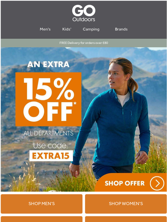 Go Outdoors: EXTRA 15% OFF ALL DEPARTMENTS | Milled