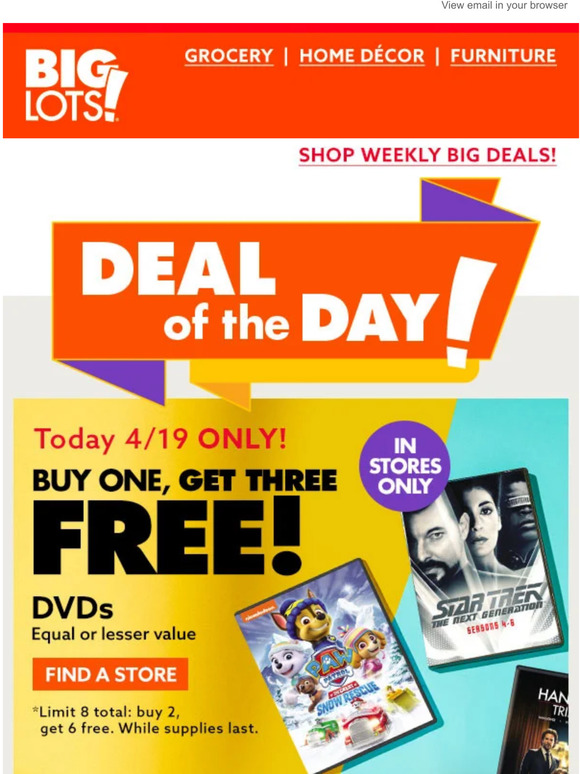 Big Lots: 👀 DEAL OF THE DAY: buy 1, get 3 FREE DVDs! 📀 | Milled