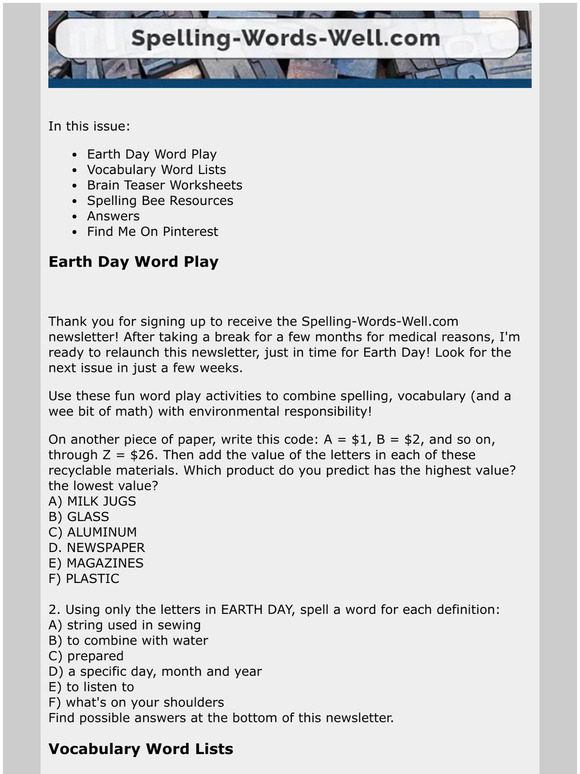 Spelling Words Well: Earth Day Fun, Vocabulary Lists, Spelling Bees ...