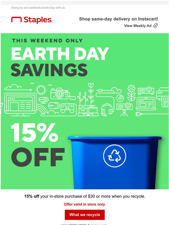 Staples: ENDS TODAY: 15% off when you ♻️ RECYCLE ♻️ | Milled